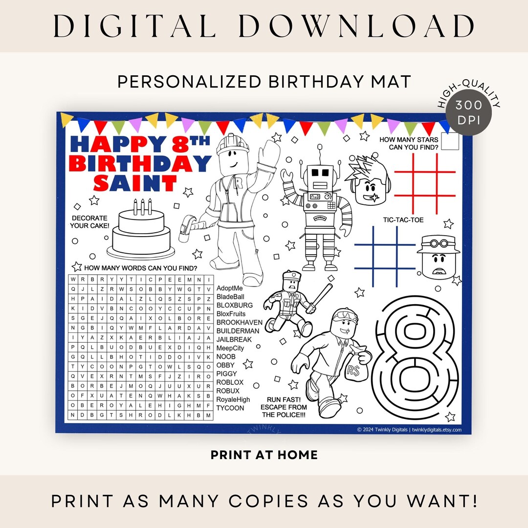 Roblox Boy Birthday Coloring Placemat Personalized Printable Activity ...