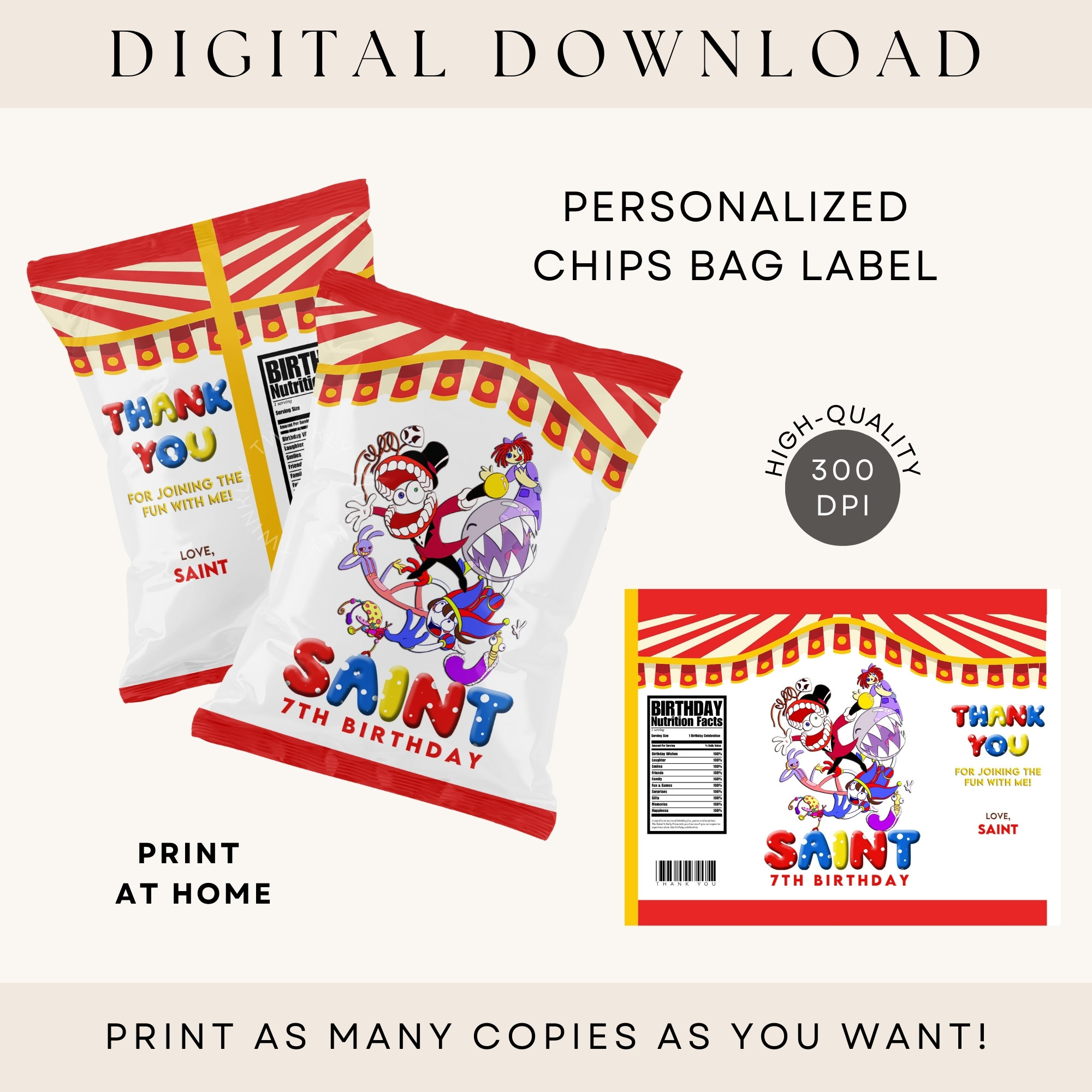 Amazing Digital Circus Chips Bag Label Personalized Printable Party ...