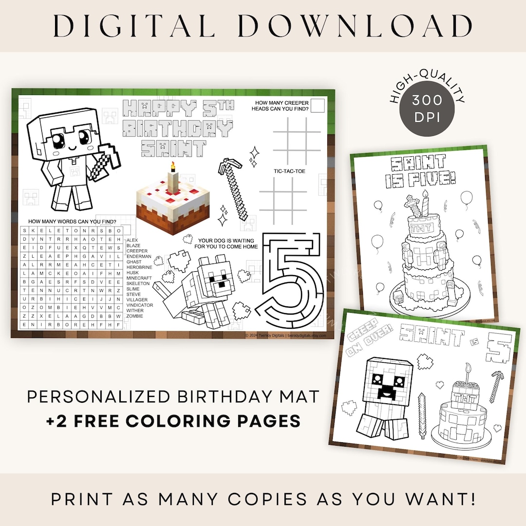 Mine Crafter Birthday Coloring Placemat Personalized Printable Activity ...