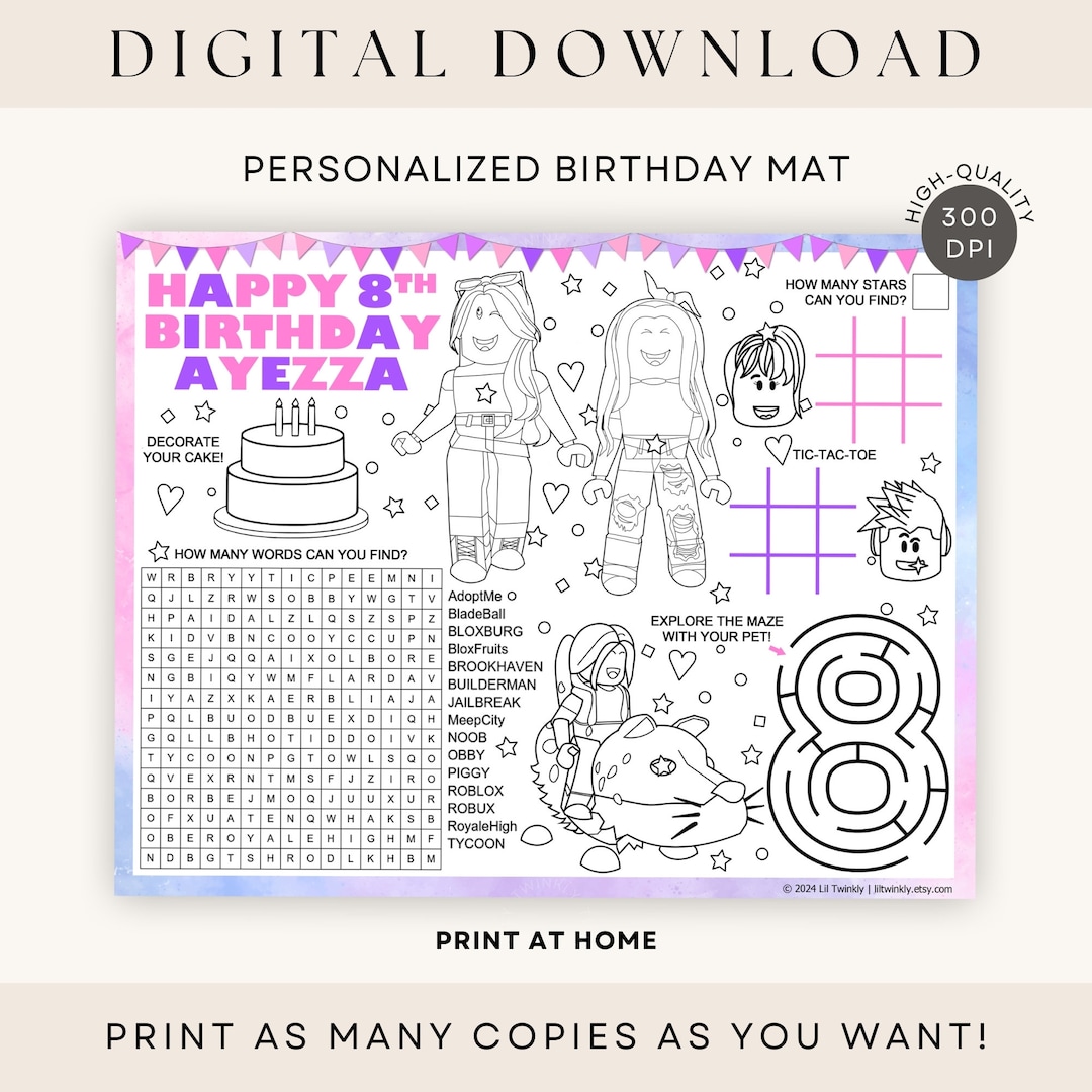 Roblox Girl Birthday Coloring Placemat Personalized Printable Activity ...
