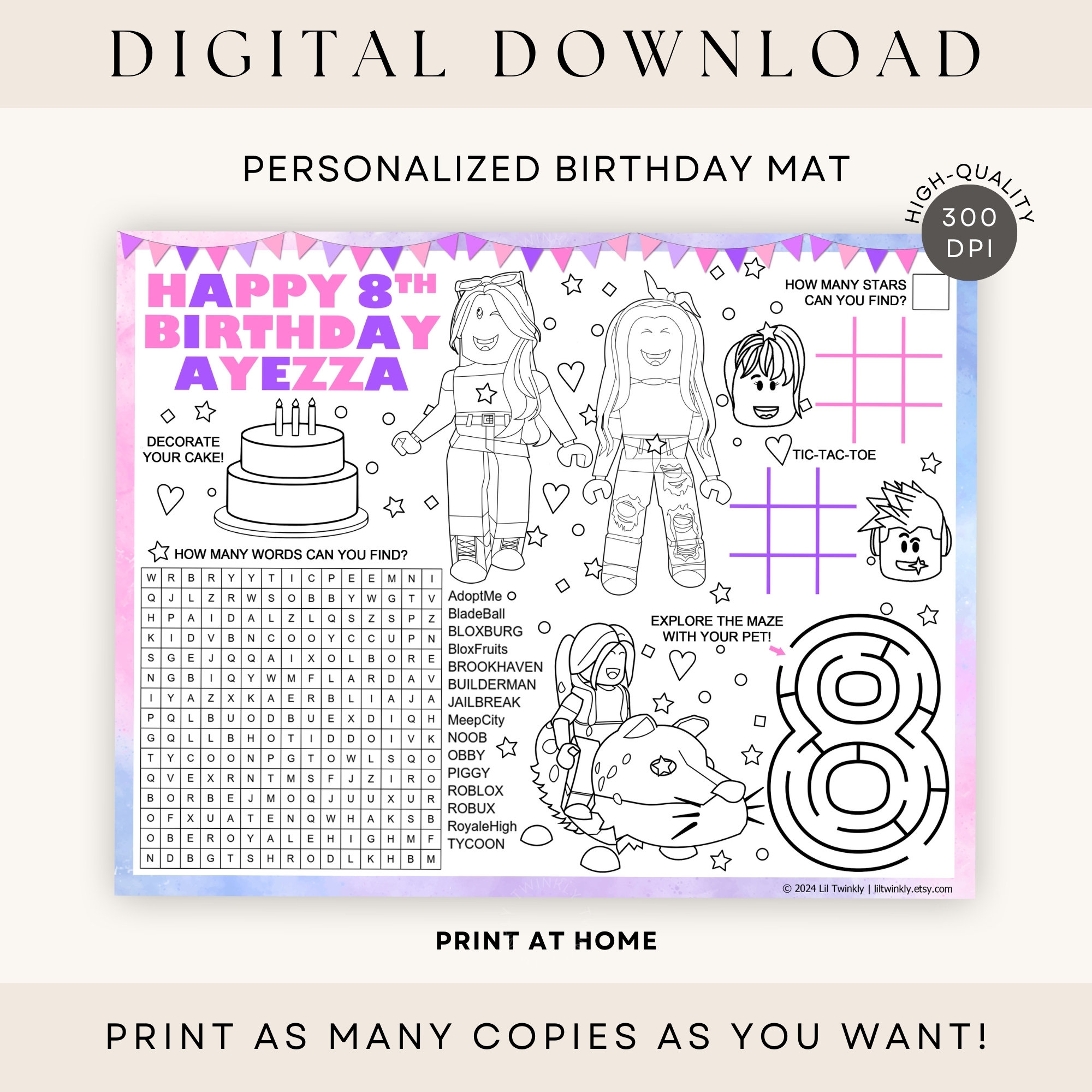 Roblox Girl Birthday Coloring Placemat Personalized Printable Activity ...