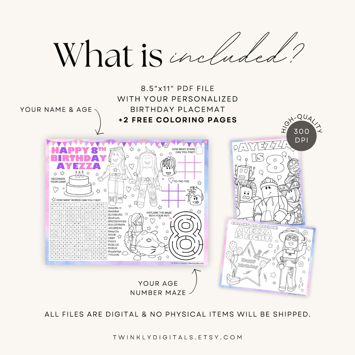 Roblox Girl Birthday Coloring Placemat Party Games DIGITAL DOWNLOAD - Etsy