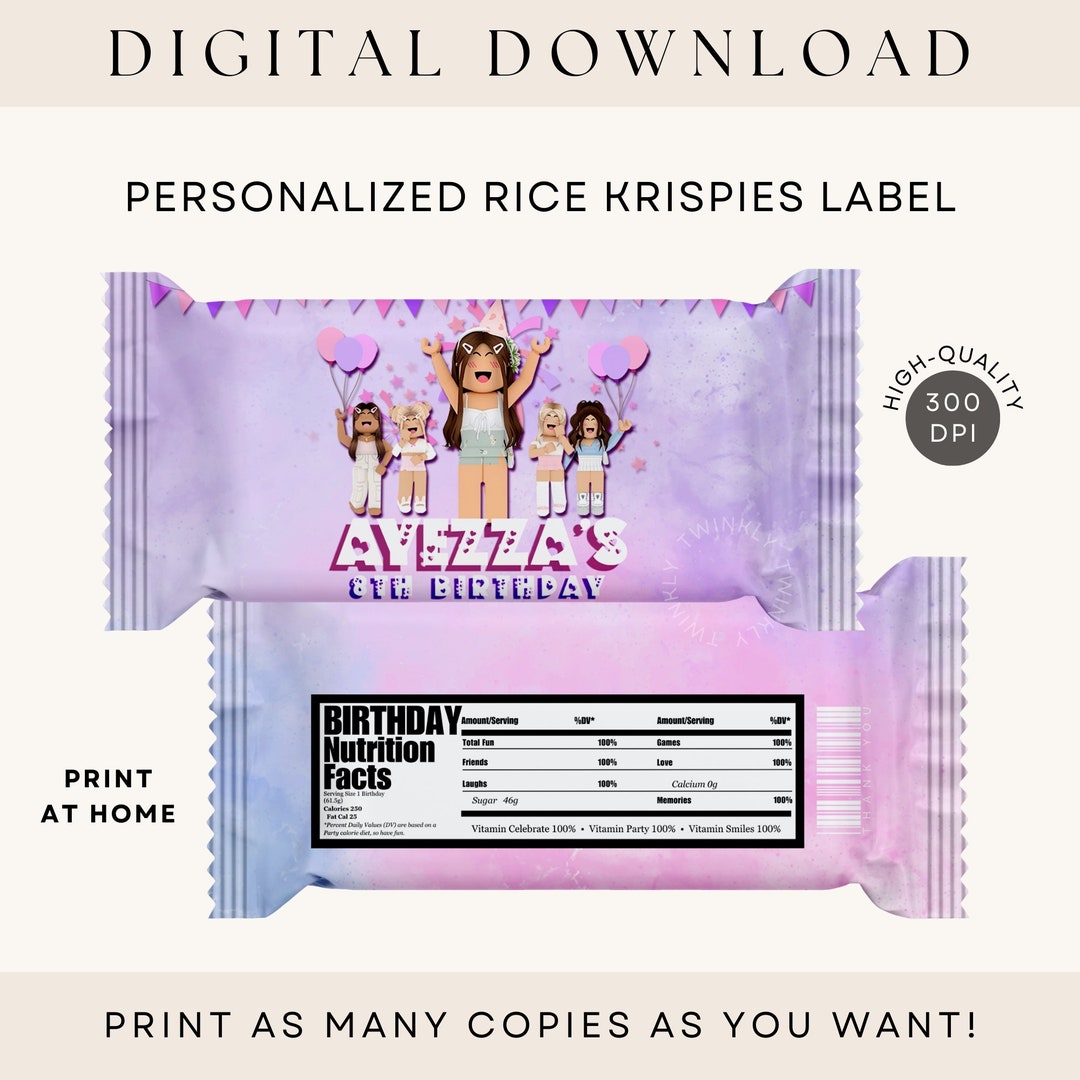 Roblox Girl Rice Krisp Label Personalized Printable Party Favors ...