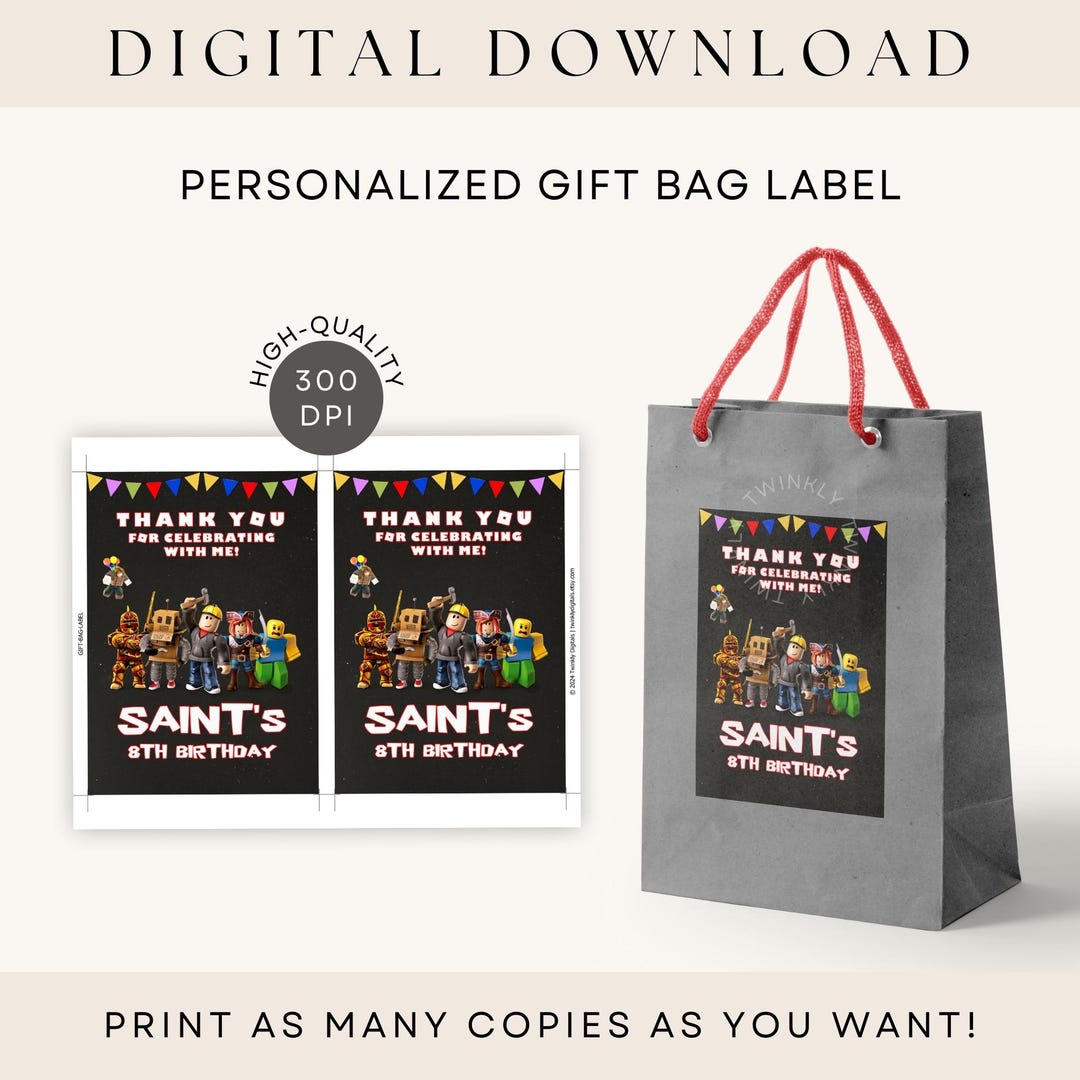 Roblox Boy Gift Bag Label Personalized Printable Party Favors Bundle ...