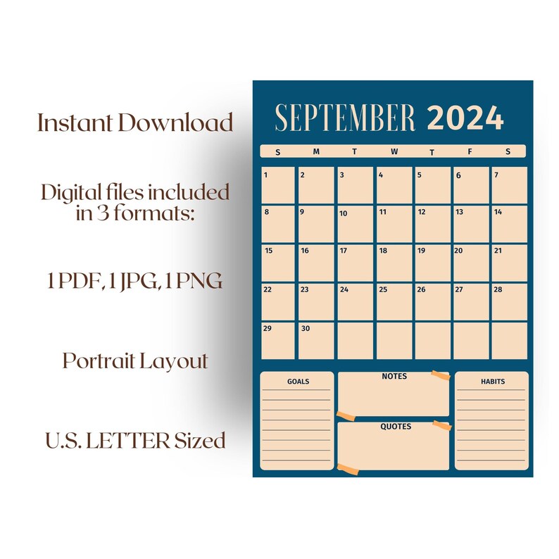 September 2024 Printable Planner PNG, Blue Fall Calendar JPG for Office ...