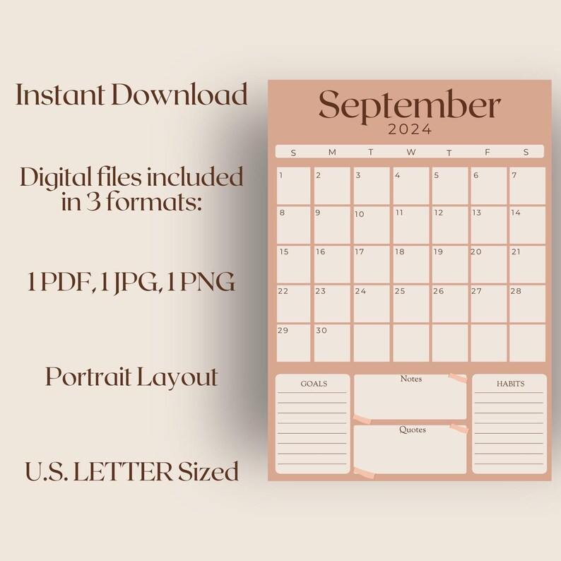 Printable September 2024 Calendar PNG, Fall Calendar JPG for Office ...