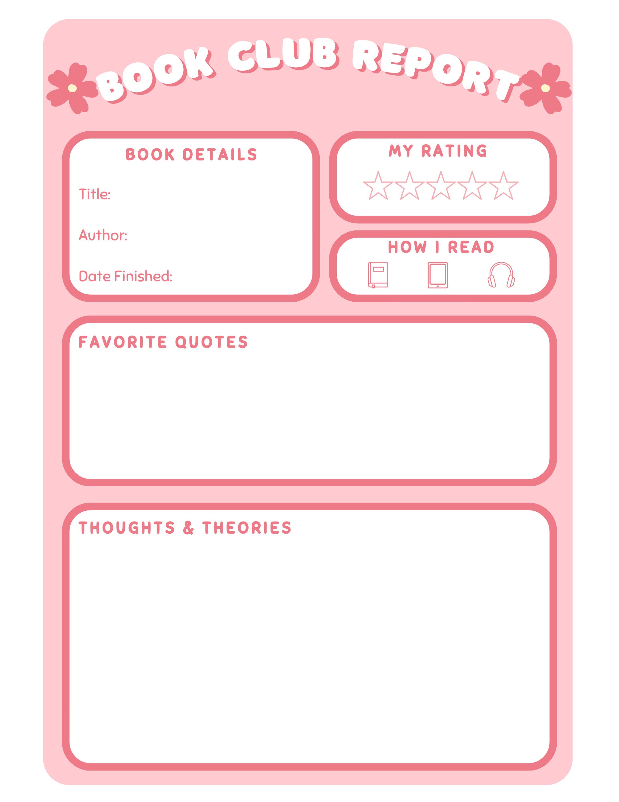 Book Club Printable Book Review Handout Book Club Report Book Club ...
