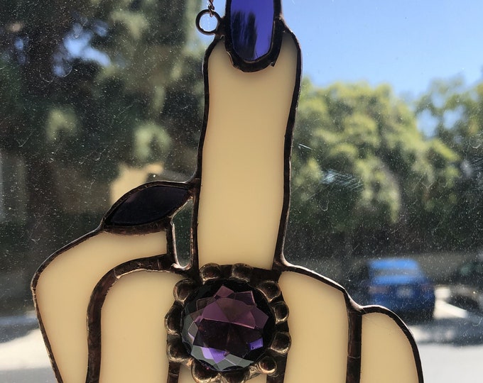 The Middle Finger in Stained Glass, Pink Glass With Purple Finger Nails ...