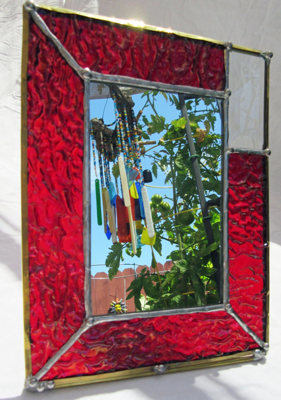 Iridescent Red Stained Glass Mirror With Beveled Corner - Etsy
