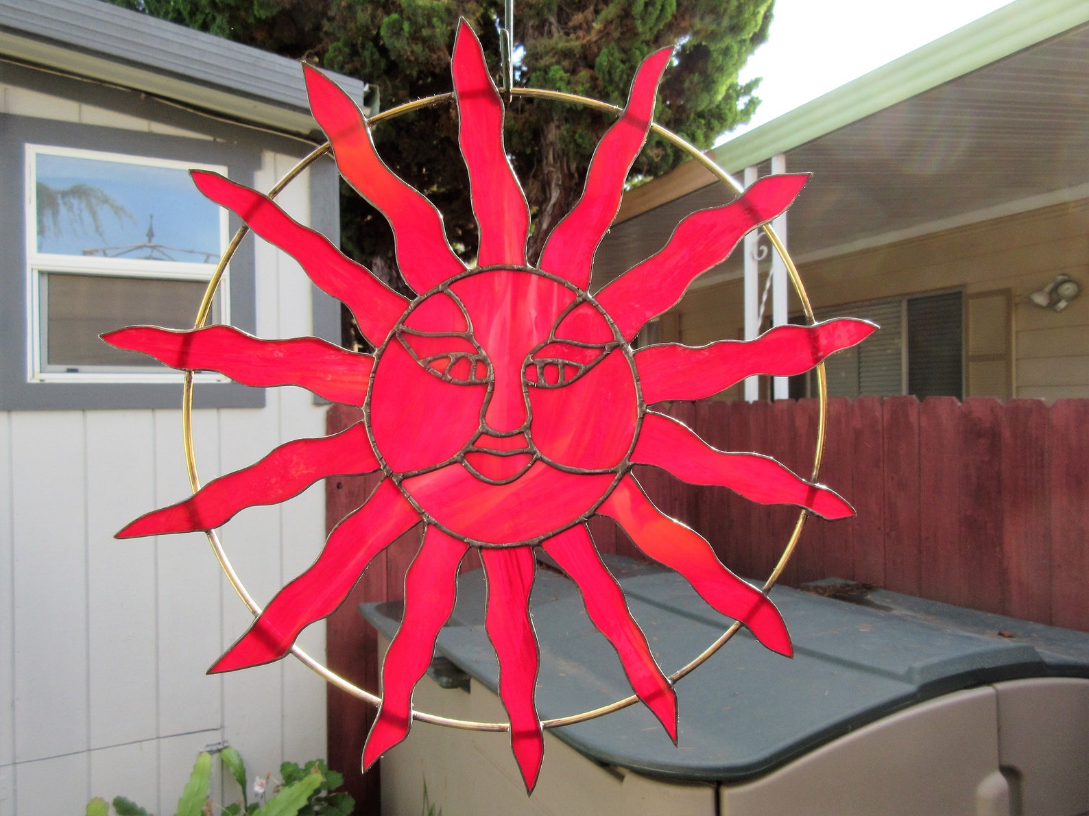 Red Stained Glass Sun Face Suncatcher - 16 Inch Diameter - Etsy