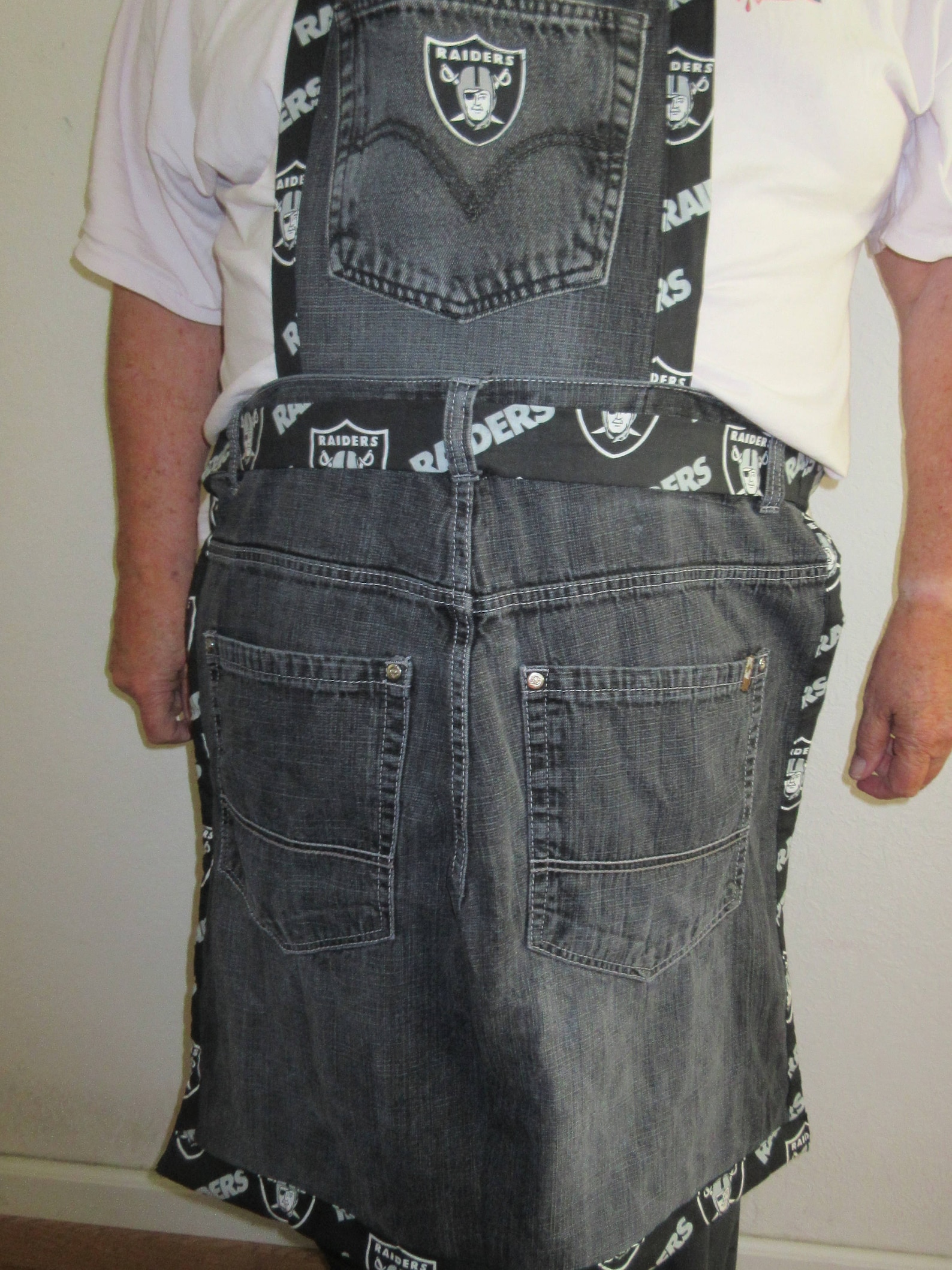 Jeans Up-cycled Into Denim Apron With RAIDERS Football Printed Cotton ...