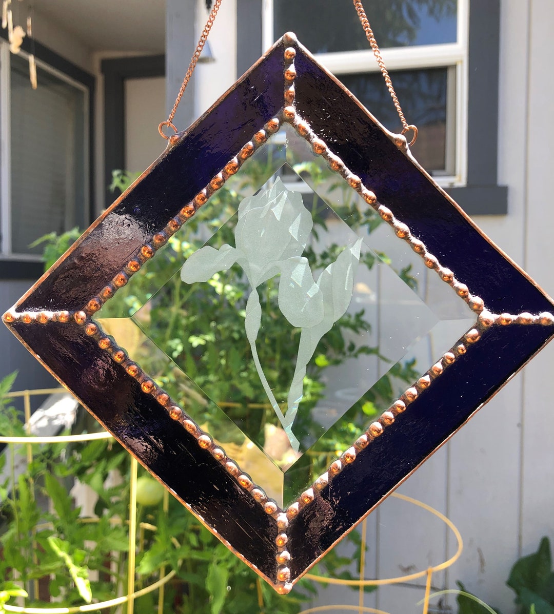 Iris Flower Etched in Clear Beveled Glass and Deep Purple on Outside ...