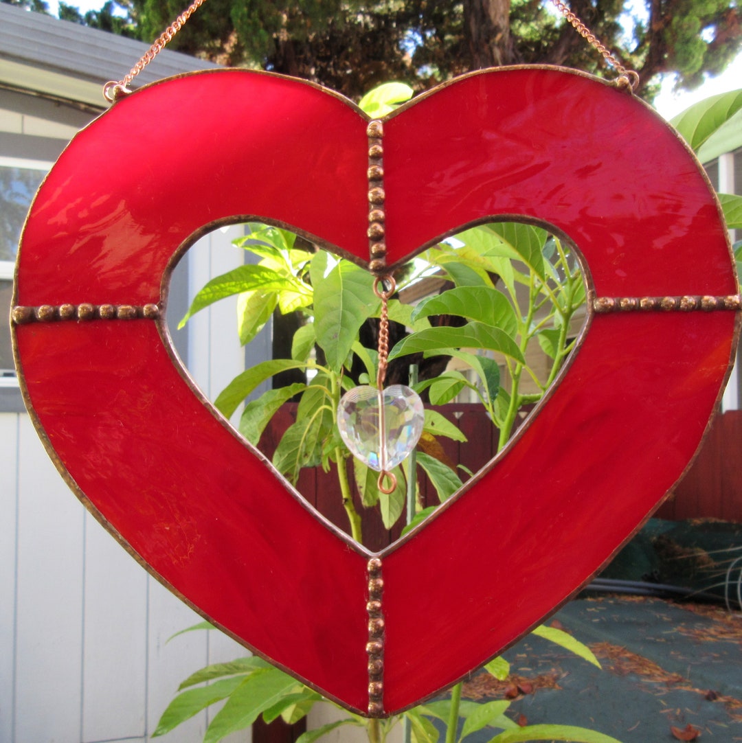 Red Swirl Heart in Stained Glass With Hanging Clear Crystal Heart - Etsy
