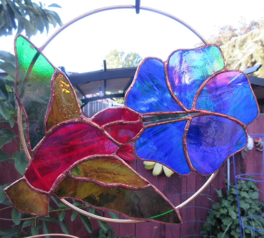 Iridescent Stained Glass Hummingbird Suncatcher - Royal Blue Flower ...