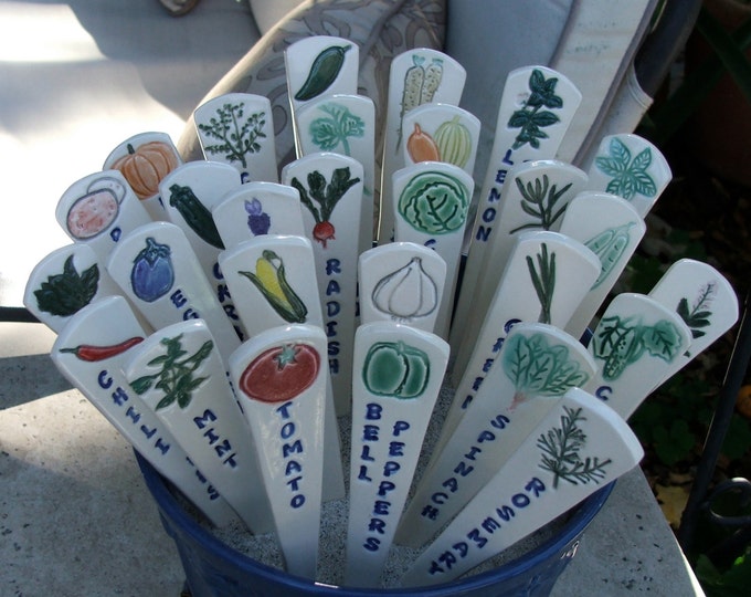 Set of Three Ceramic Plant Markers, Vegetables and Herbs - Etsy