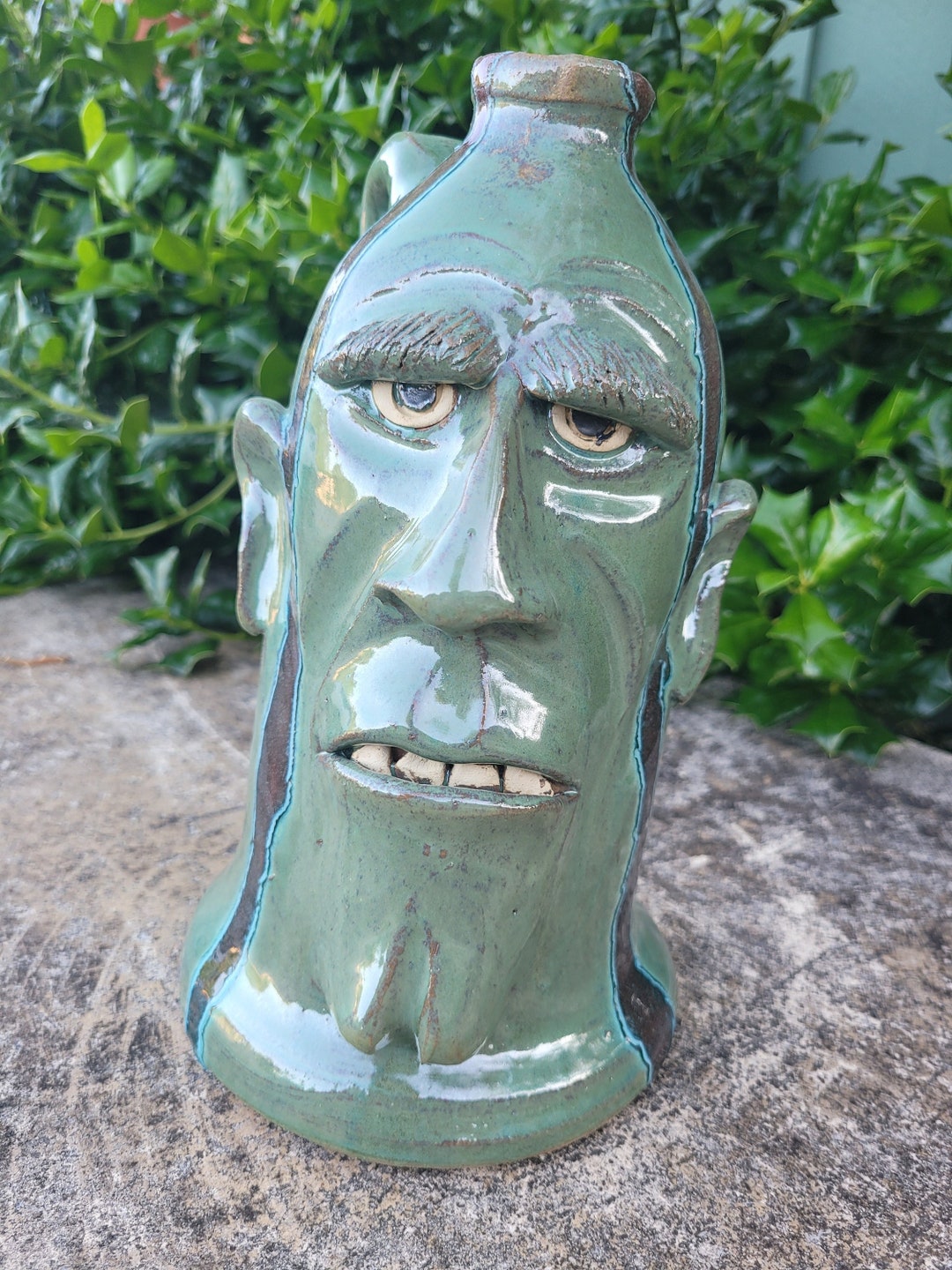 Unique Leaning Face Jug by Dal Burtchaell Green Glazed Folk Art With ...