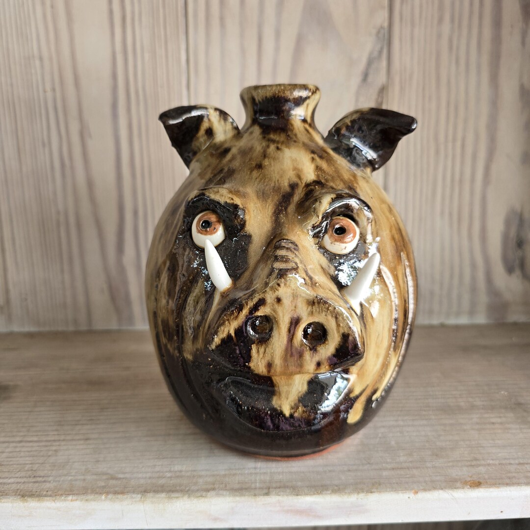 Handmade Clay Folk Art Pottery Brown Pig Wild Hog With Tusks Face Jug ...