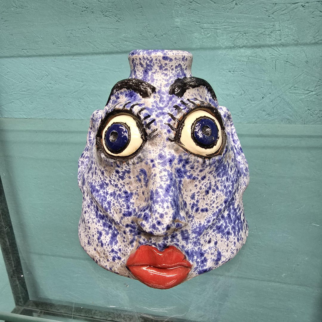 Folk Art Blue Splattered Face Jug Pottery by Heather Elyse Head 5 X 4 ...