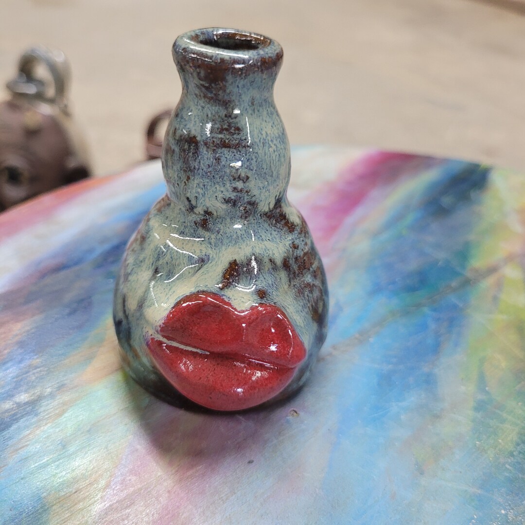 Folk Art Blue Glazed Jug With Red Puckered Lips by Heather Elyse Head ...