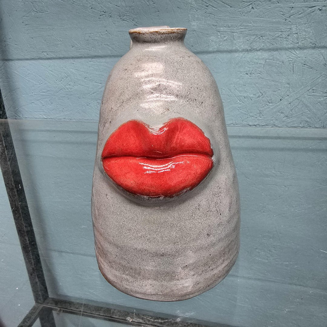 Folk Art Pottery Light Blue Jug With Red Lips by Heather Elyse Head 6 X ...