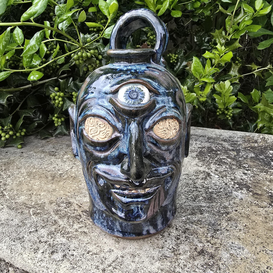 Folk Art Pottery Blue Glazed Handmade Third Eye Face Jug Pottery by ...
