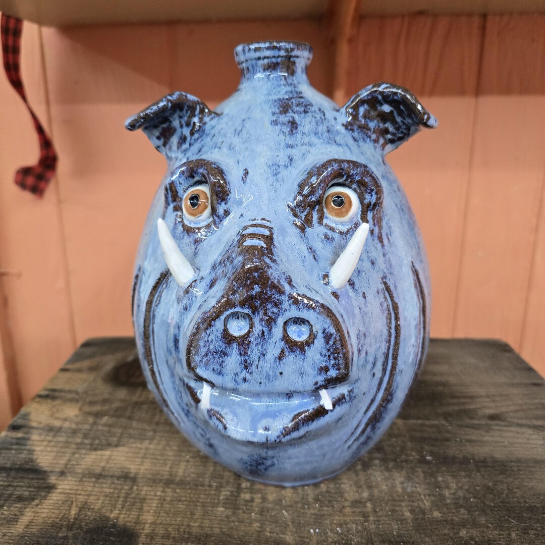 Blue Pig Face Jug Folk Art Pottery Hog With Tusks by Billy Joe Craven ...
