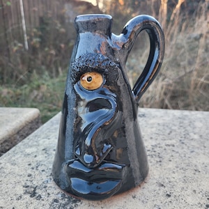 Weird Pottery Cyclops Black and Gray Face Jug With One Eye and Crooked ...
