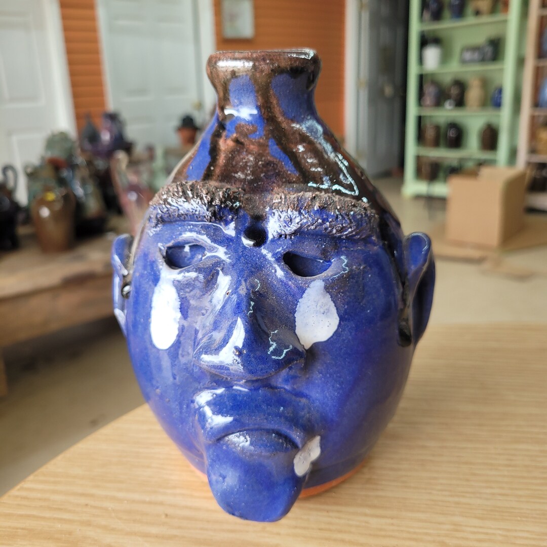 Sad Eyeless Cobalt Blue and Brown Glazed Crying Eyes Face Jug With ...