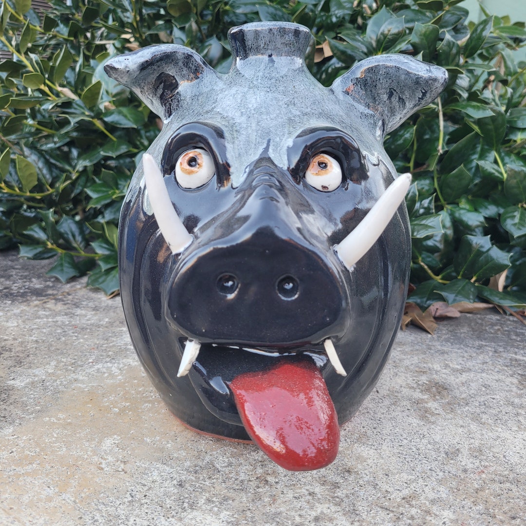 Handmade Clay Black and Gray Pig With Tusks and Tongue Face - Etsy
