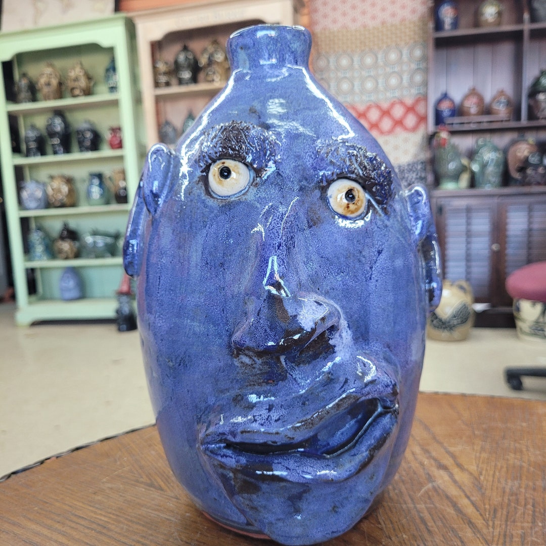 Handmade Wheelthrown Clay Folk Art Pottery Blue Glazed Toothless Face ...