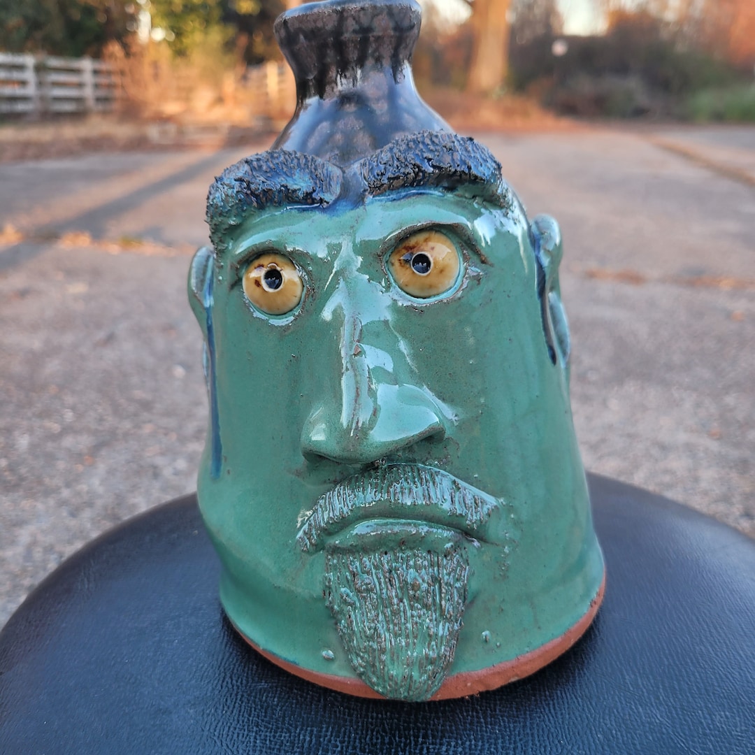 Unique Leaning Green and Brown Face Jug by Billy Joe Craven | Handmade ...