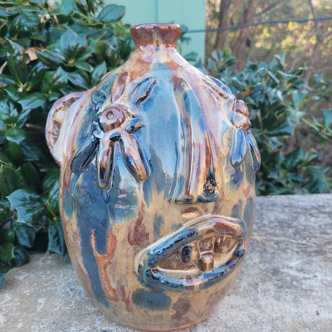 Blue and Brown Glazed Collaboration Face Jug by Marcia Craven and Billy ...