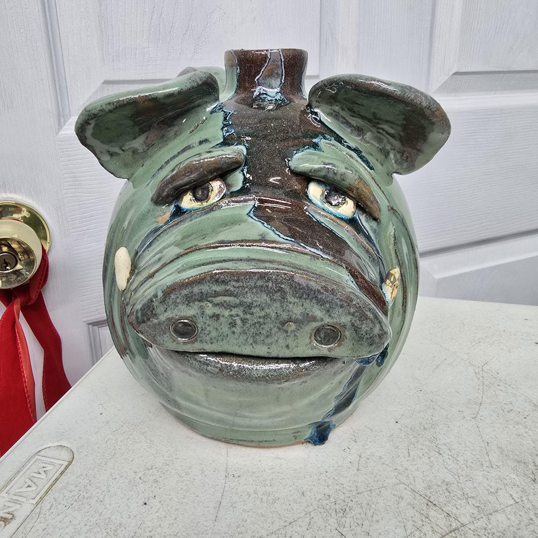 Sad Pig Face Jug Folk Art Pottery Green and Blue Hog With Tusks by Dal ...