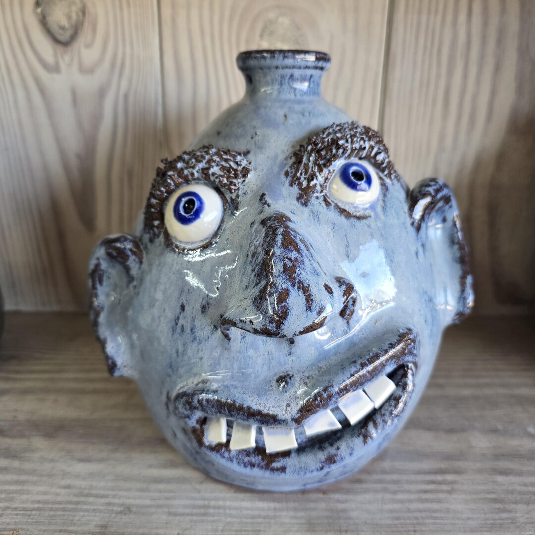 Mottled Blue Crooked Grin Face Jug by Billy Joe Craven | 9.25" X 8.5 ...