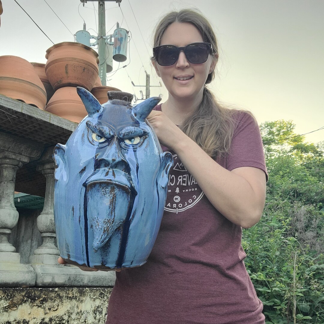 Folk Art Pottery Large Blue Devil Face Jug by Dal Burtchaell 14.5 X 10 ...