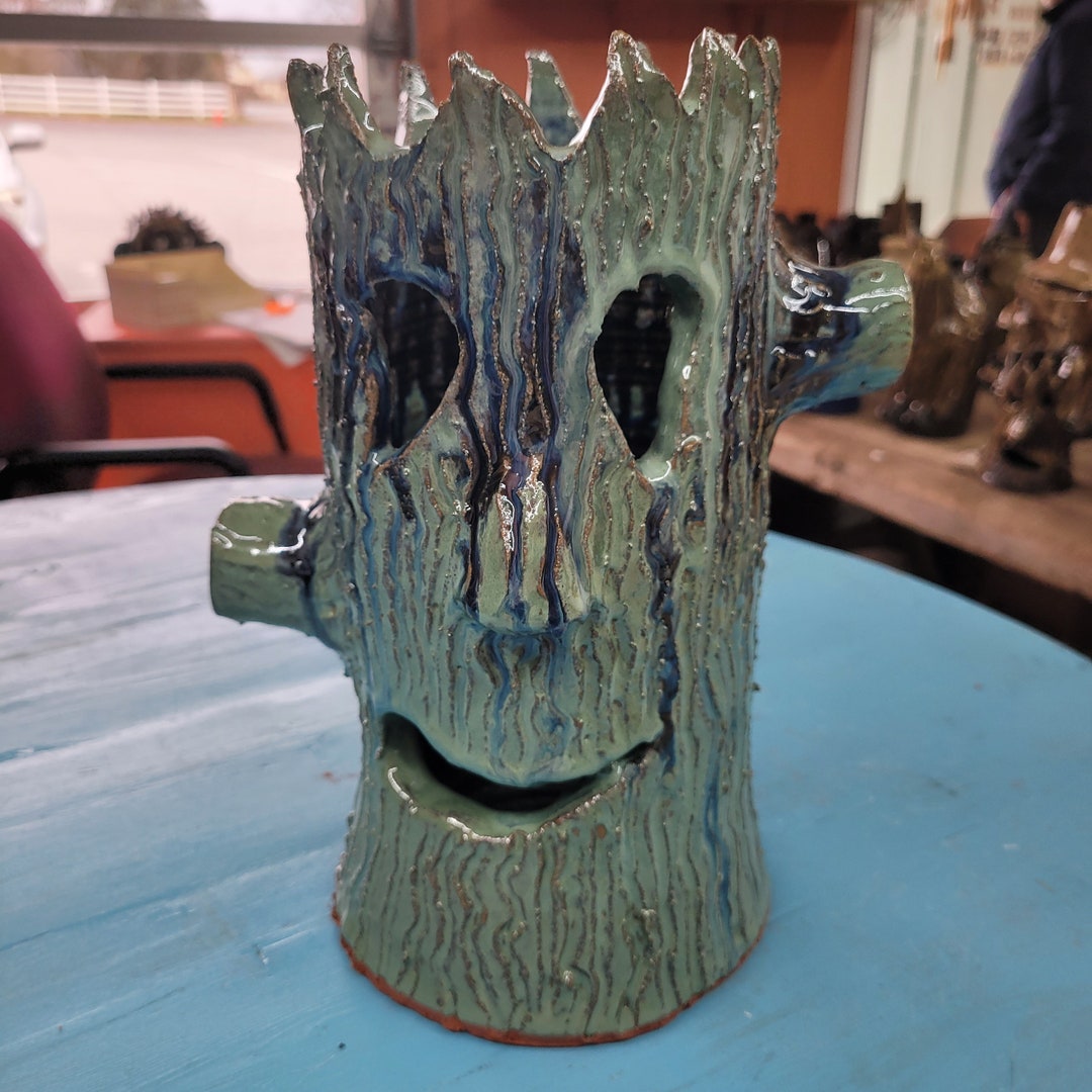 Folk Art Pottery Green Glazed Tree Stump Lantern With Face by Billy Joe ...