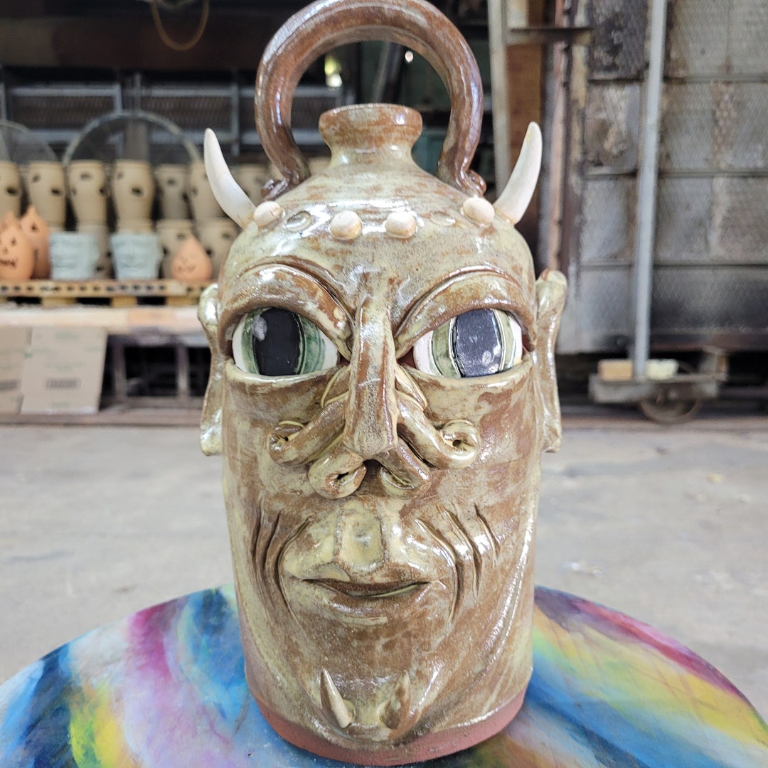 Folk Art Horned Alien Devil Face Jug by Savannah Craven 13 X 7 - Etsy
