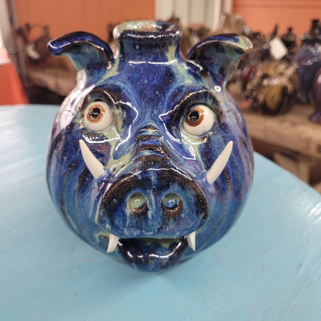 Face Jug Pig Sculpture Handmade Clay Folk Art Pottery Blue and Green ...