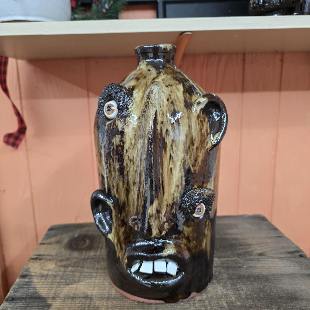 Brown Glazed Unique Scrambled Face Jug by Billy Joe Craven | 12.5" X 8 ...