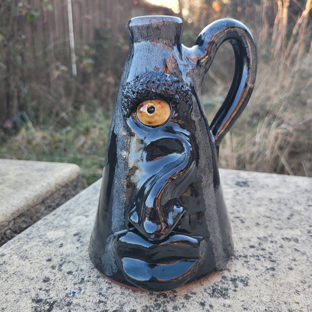 Weird Pottery Cyclops Black and Gray Face Jug With One Eye and Crooked ...