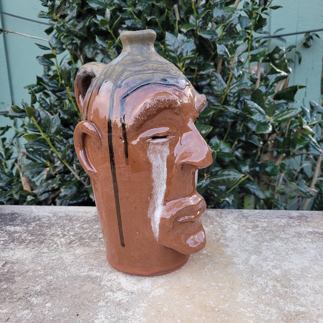 Folk Pottery Ceramic Sad Eyeless Brown Crying Eyes Face Jug With Tears ...