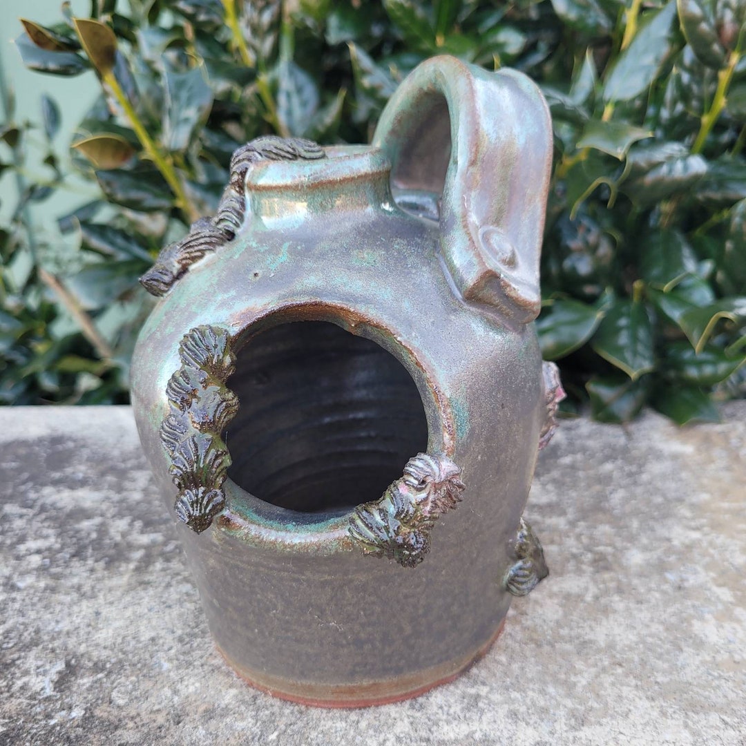 Folk Art Red Clay Metallic Green Glazed Jug With Cut-outs by Savannah ...