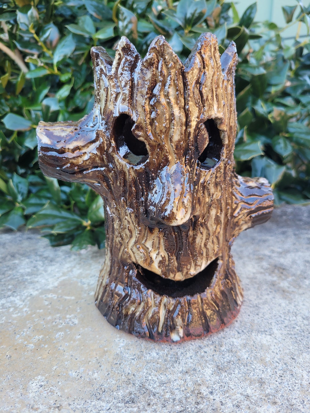 Folk Art Pottery Brown Glazed Tree Stump Lantern With Face by Billy Joe ...