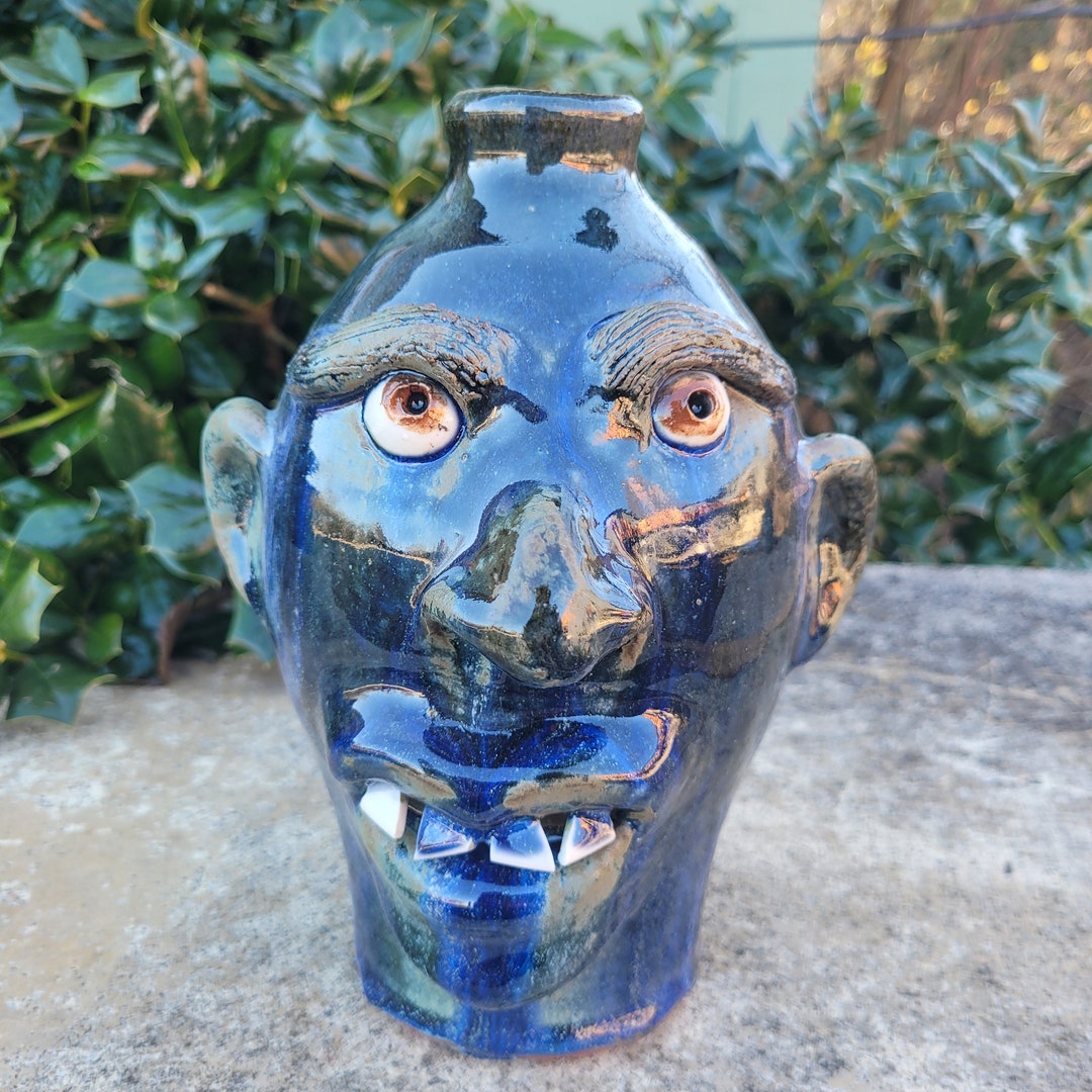 Folk Pottery Blue and Green Face Jug by Billy Joe Craven 8 X 6 - Etsy