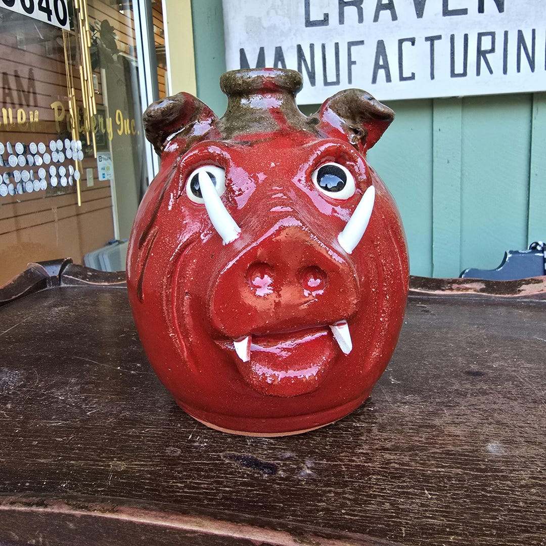 Handmade Clay Folk Art Pottery Red Pig Wild Hog With Tusks Face Jug by ...