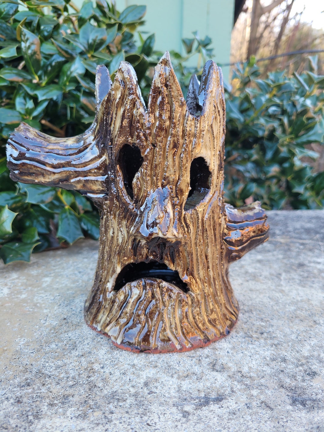 Folk Art Pottery Brown Glazed Tree Stump Lantern With Face by Billy Joe ...