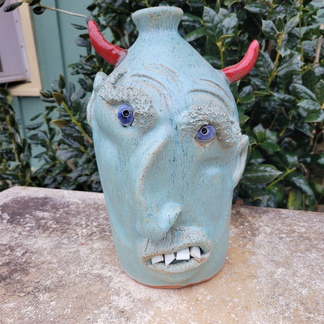 Frosted Teal Devil Face Jug With Red Horns by Billy Joe Craven - Etsy