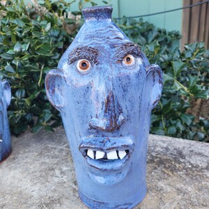 Tall Mottled Blue Glazed Face Jug by Billy Joe Craven | 13.75" X 7.5 ...