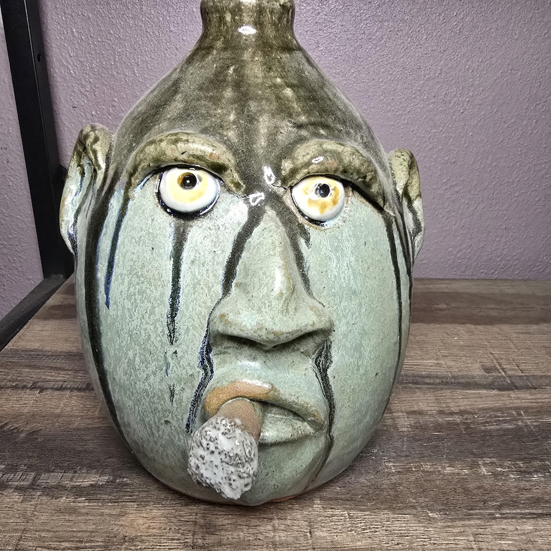 Green and Tobacco Spit Glazed Face Jug With Cigar by Billy Joe Craven ...