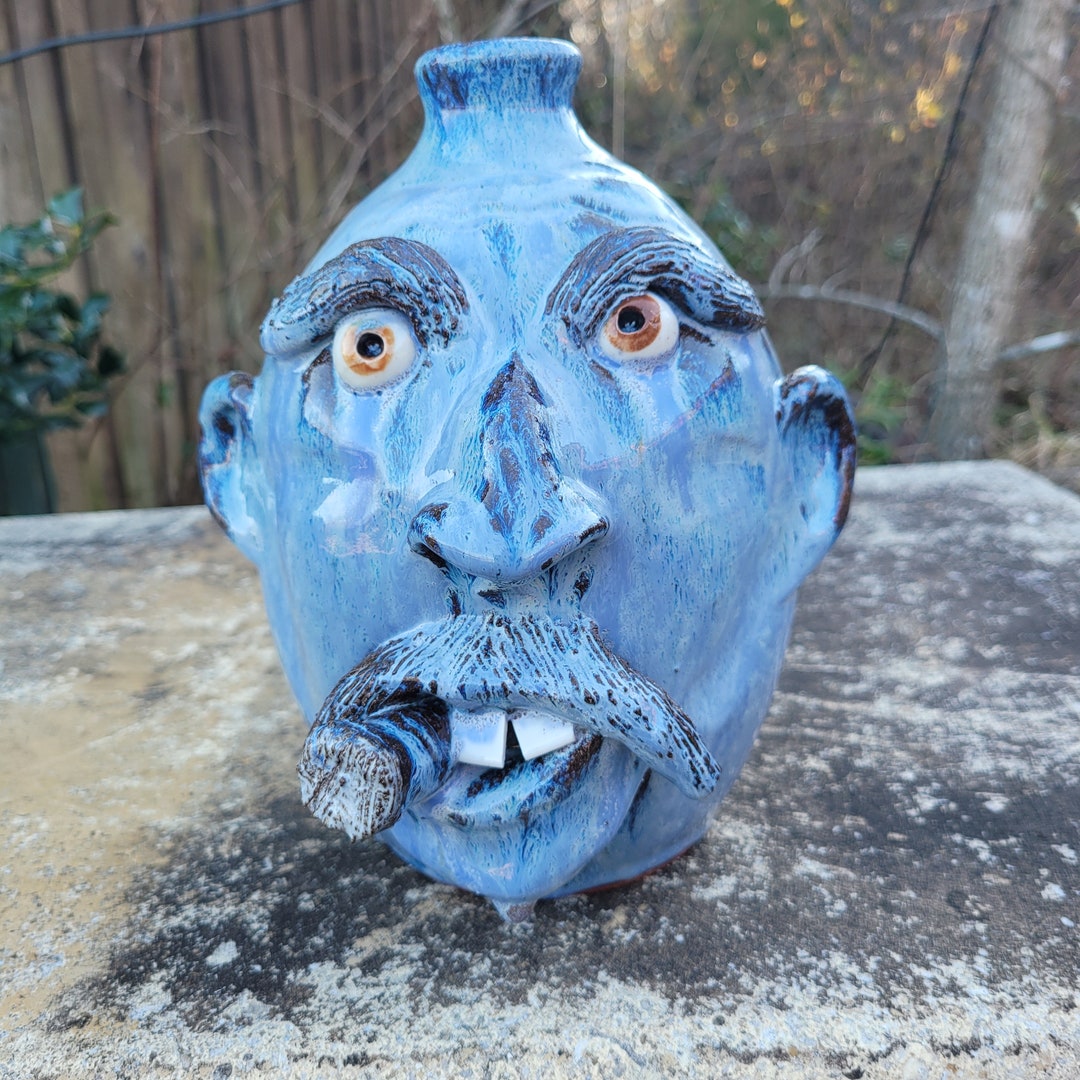 Cigar Smoker Art Folk Pottery Mottled Blue Face Jug by Billy Joe Craven ...